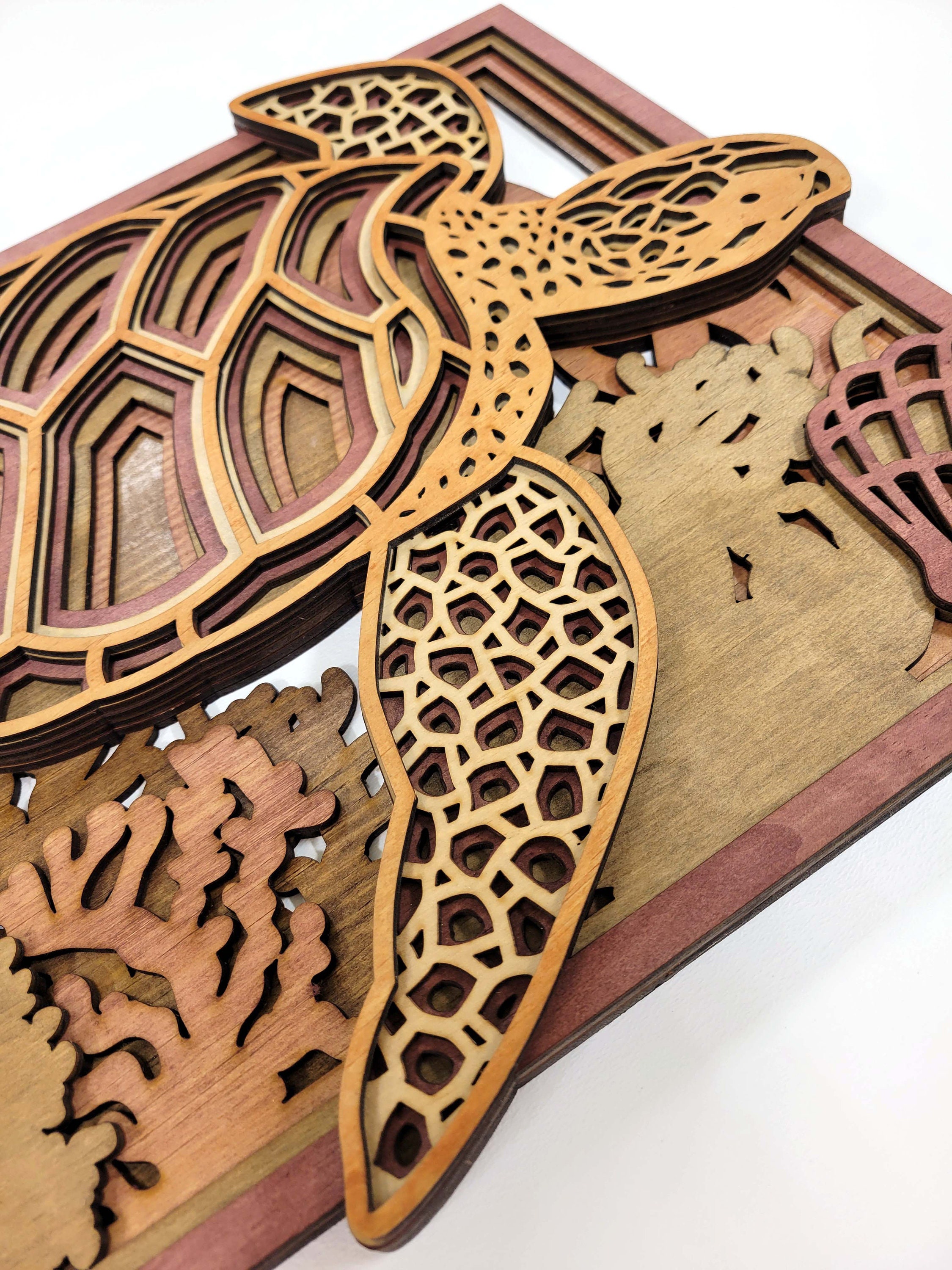 Turtle, Multi-layered 3D Stained Wood, Laser Cut Wall Art, Ocean ...
