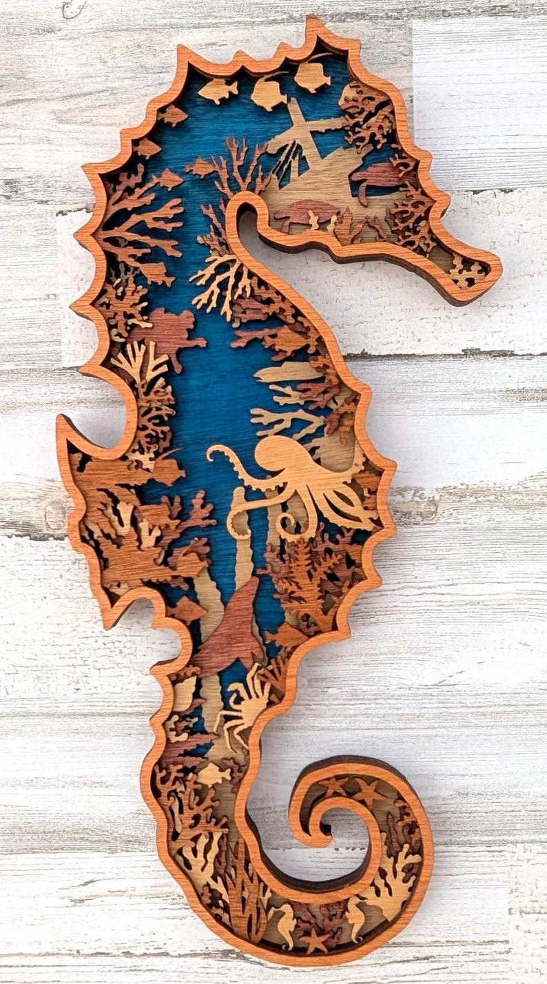 Layered Seahorse Wall Art | Coastal Ocean Decor | Handmade Wooden ...