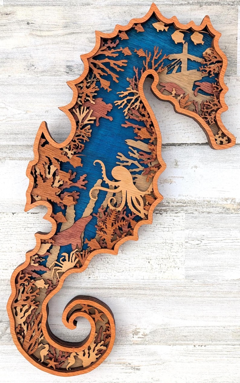 Layered Seahorse Wall Art | Coastal Ocean Decor | Handmade Wooden ...
