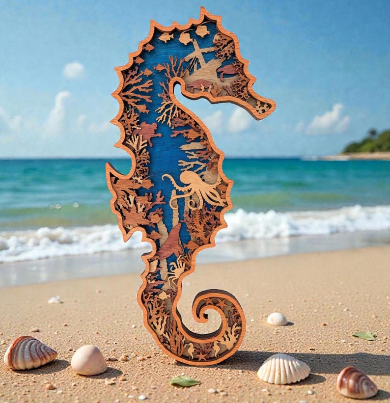 Layered Seahorse Wall Art | Coastal Ocean Decor | Handmade Wooden ...