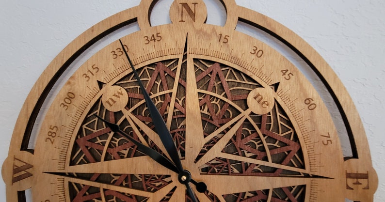 Compass Clock, Multi-layered 3D Stained Wood, Laser Cut Wall Art, Ocean ...