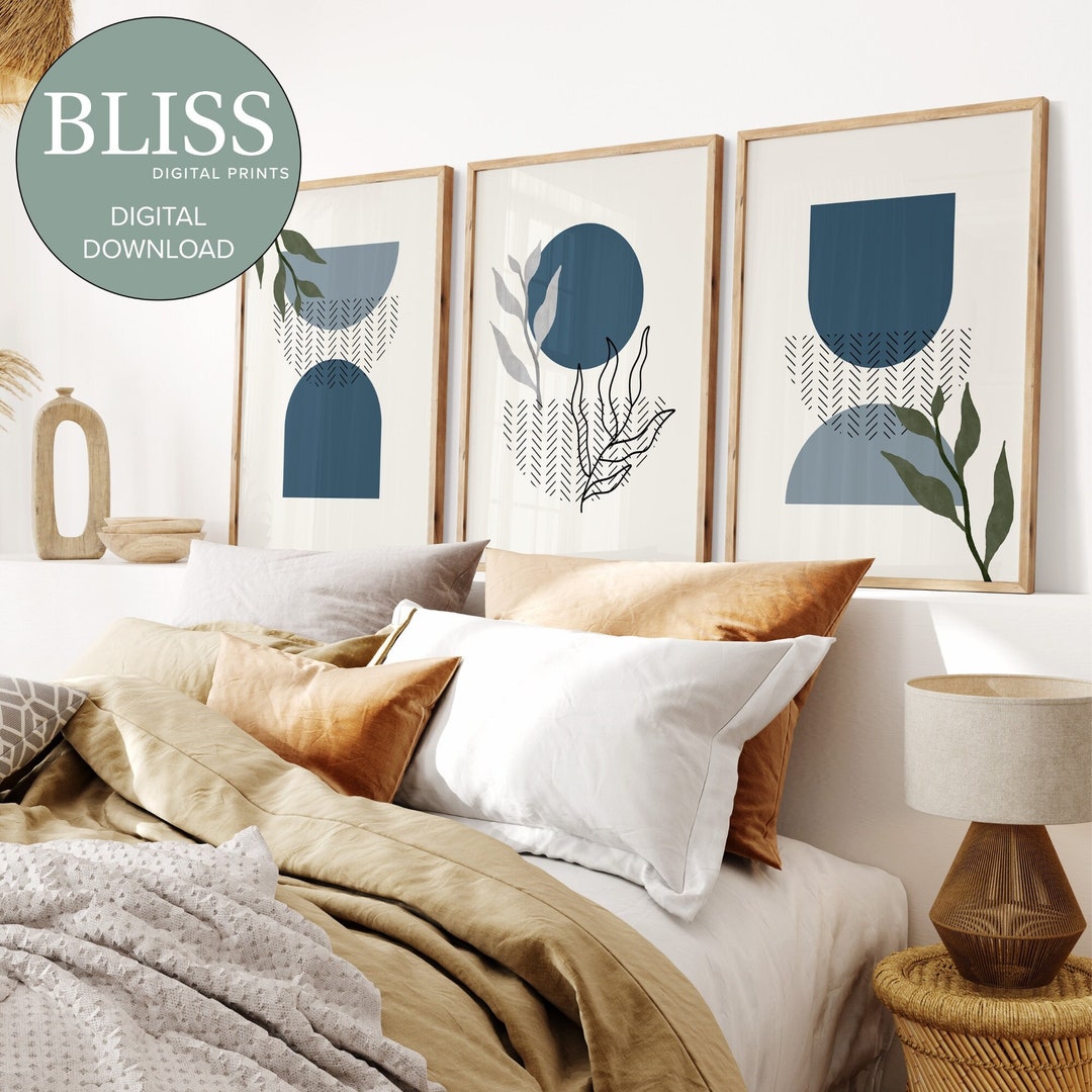 Navy Blue Wall Prints, Blue Botanical Prints, Boho Home Decor, Boho ...