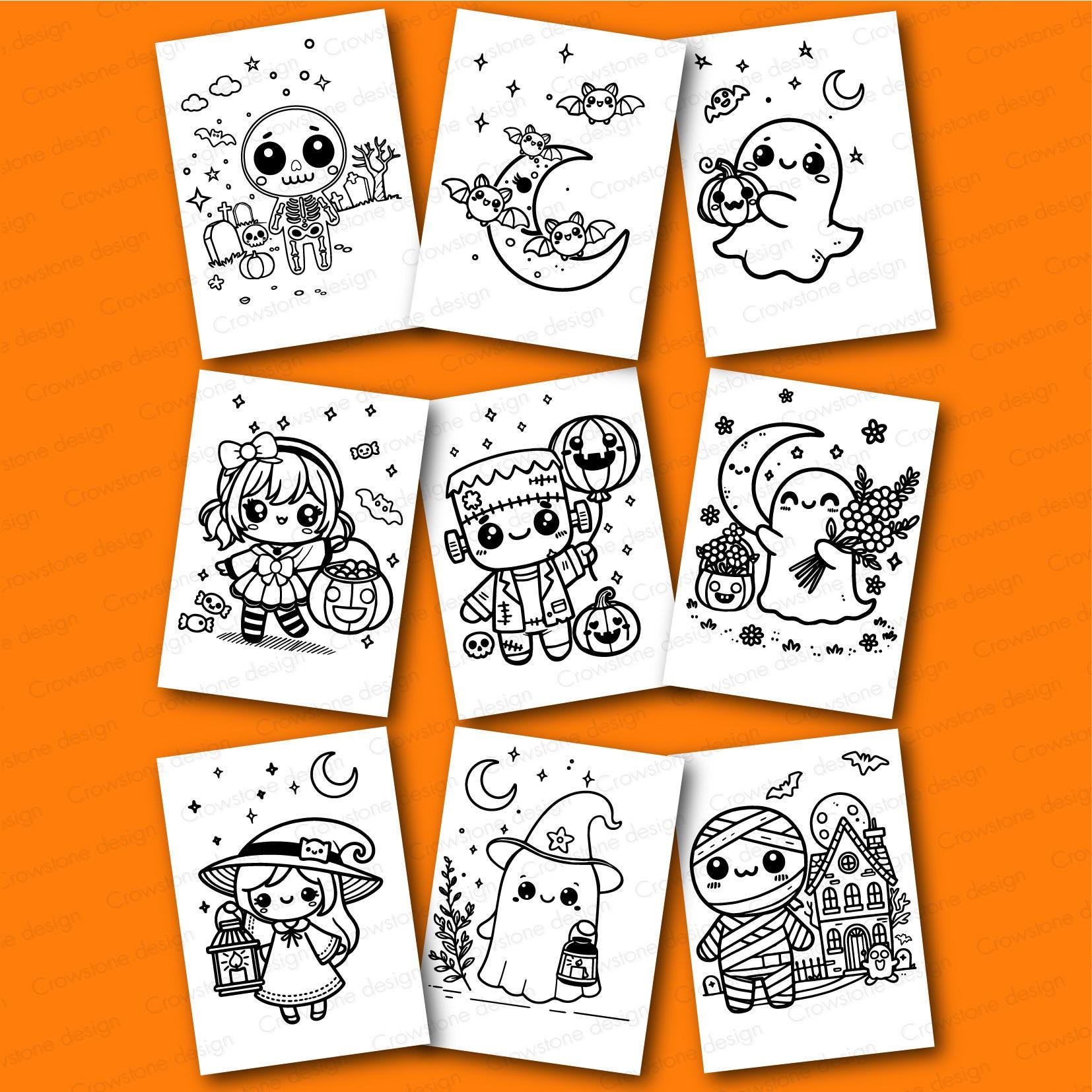 Cute Kawaii Halloween Coloring Pages for Kids, Printable Halloween ...