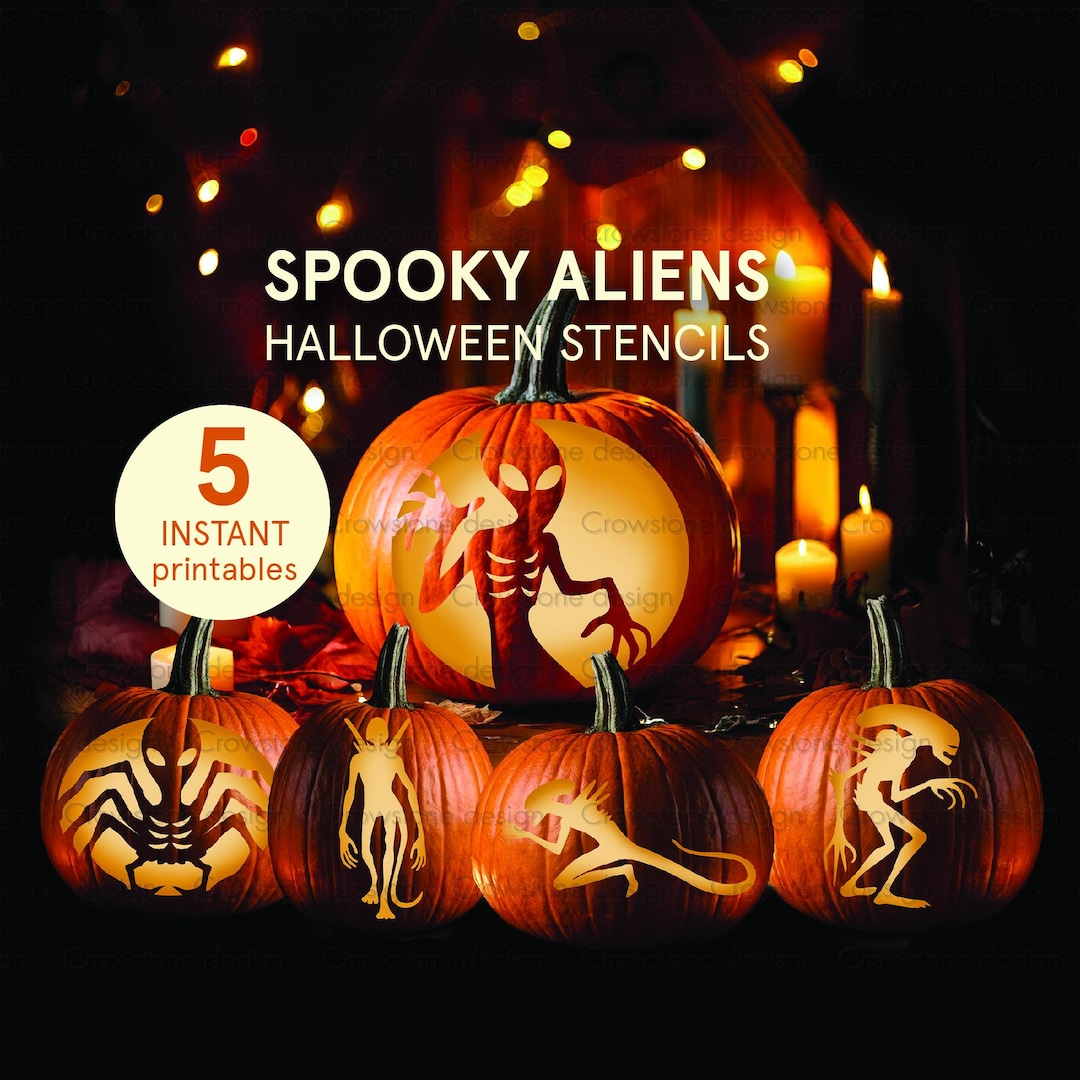 5 Spooky Aliens Halloween Pumpkin Carving Stencils Bundle: Printable ...