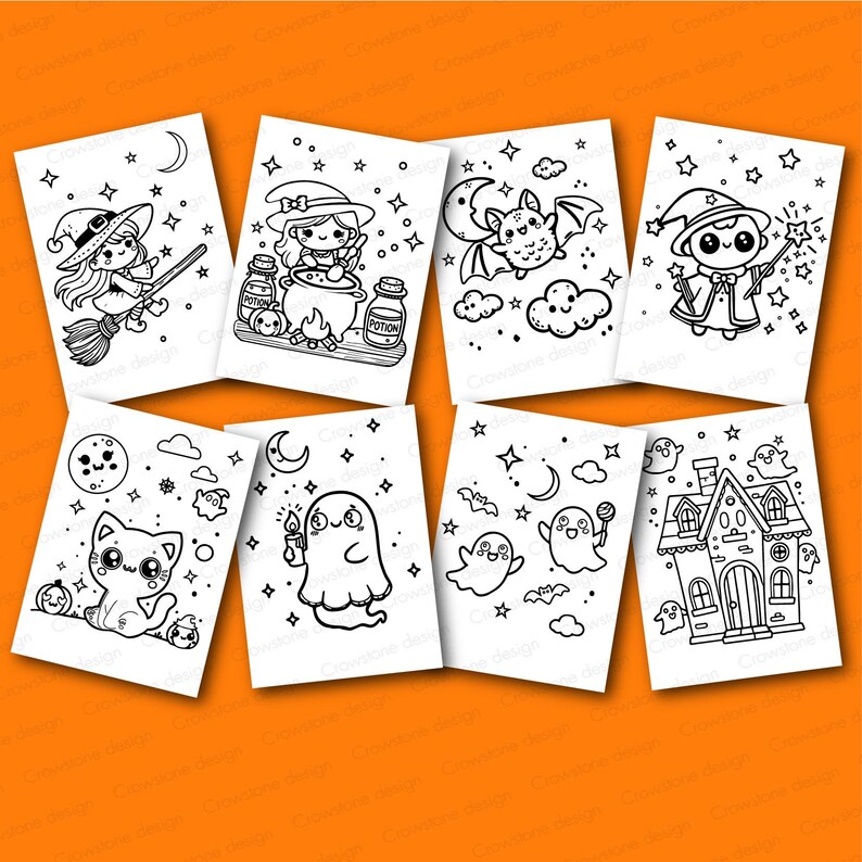 Cute Kawaii Halloween Coloring Pages for Kids, Printable Halloween ...