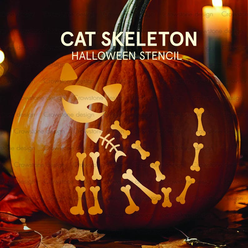 Halloween Cat and Fish Skeleton Pumpkin Carving Stencil,printable ...
