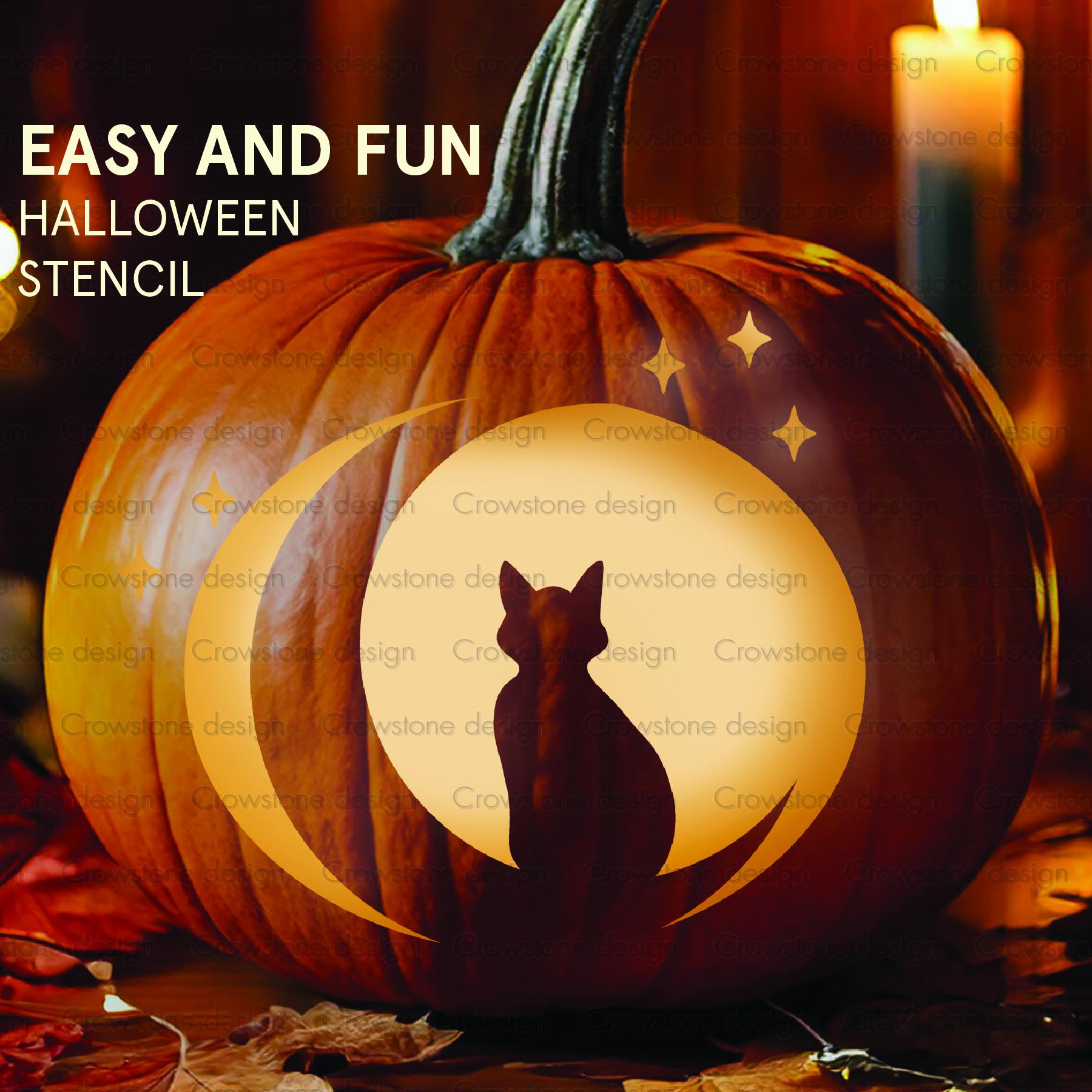 Halloween Cat Sitting on Moon Pumpkin Carving Stencil,printable ...