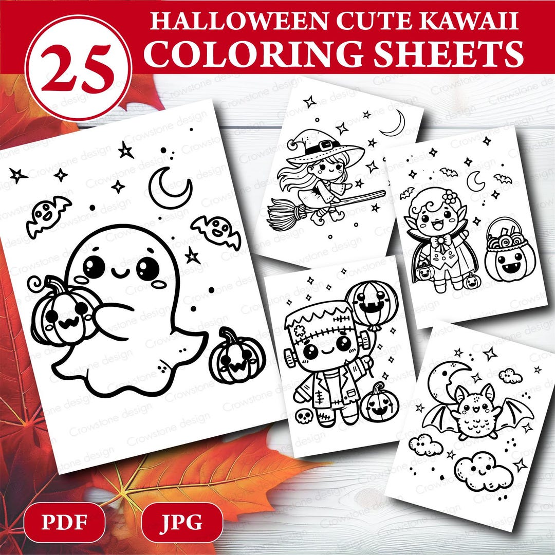 Cute Kawaii Halloween Coloring Pages for Kids, Printable Halloween ...