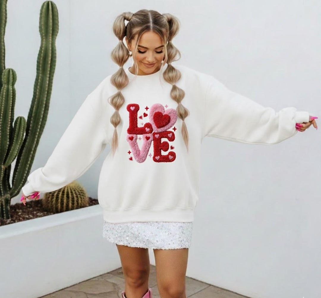 3D Puff Embroidery LOVE Sweatshirt - Cozy Latch Hook Heart Hoodie ...