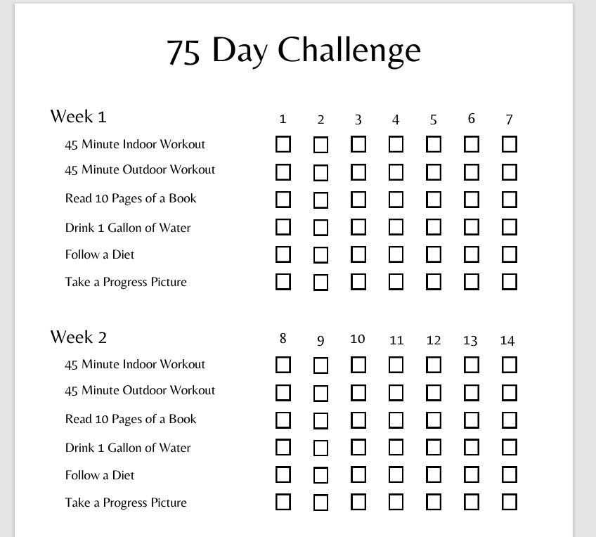 75 Day Challenge Tracker - Etsy
