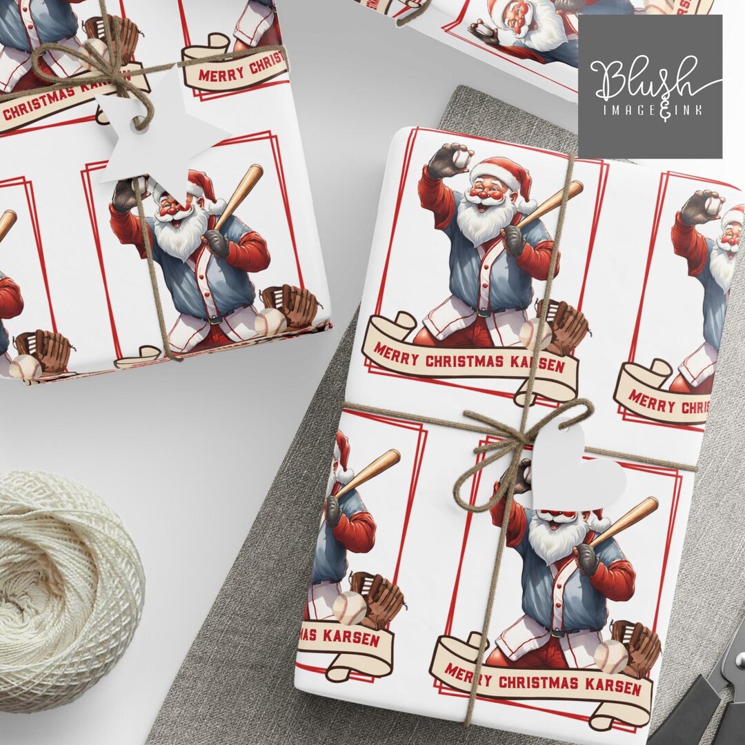 Personalized Santa Baseball Wrapping Paper Christmas Gift Wrap Custom ...