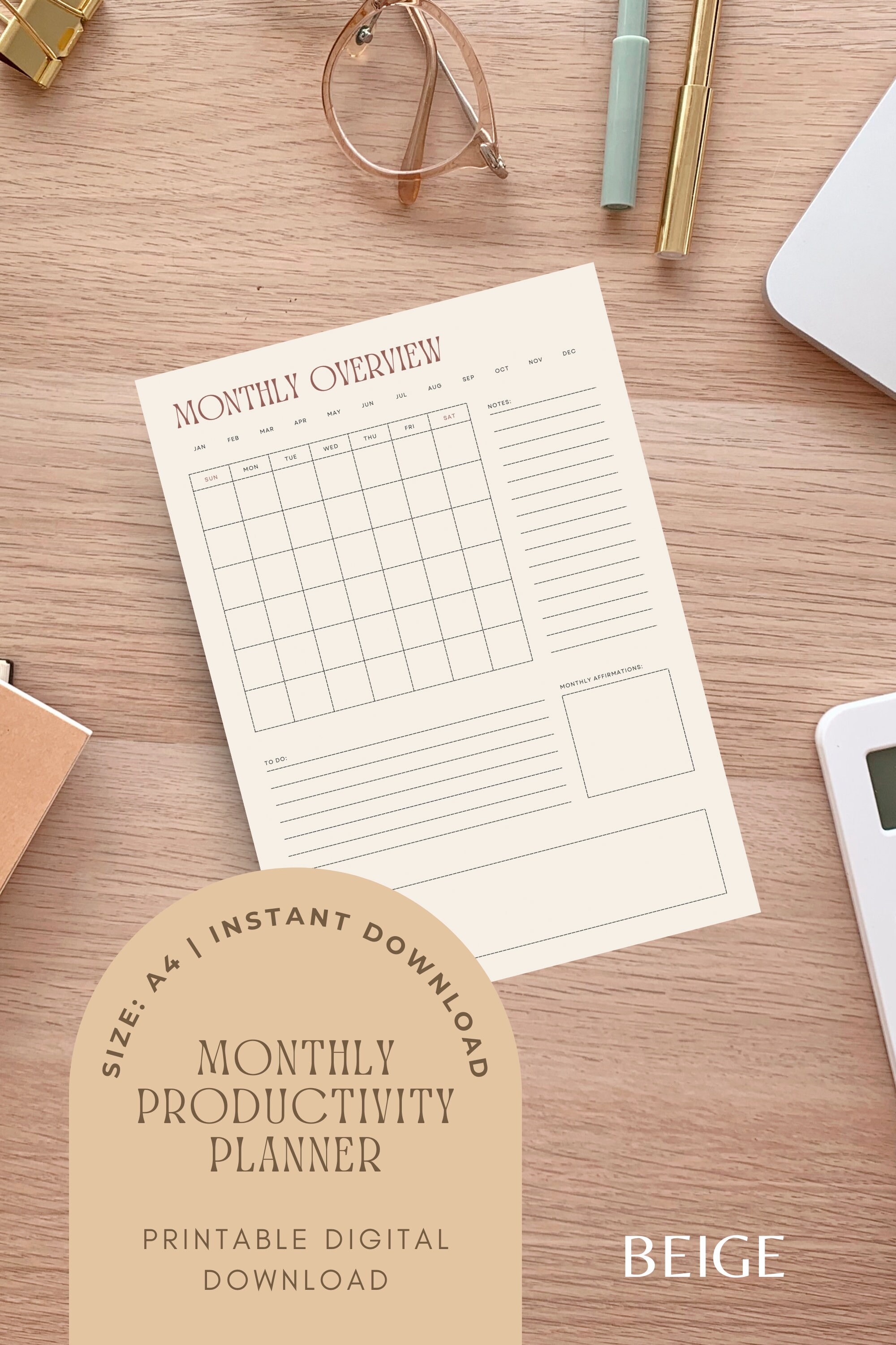 Monthly Productivity Planner Printable A4, Portrait, Minimalist Design ...