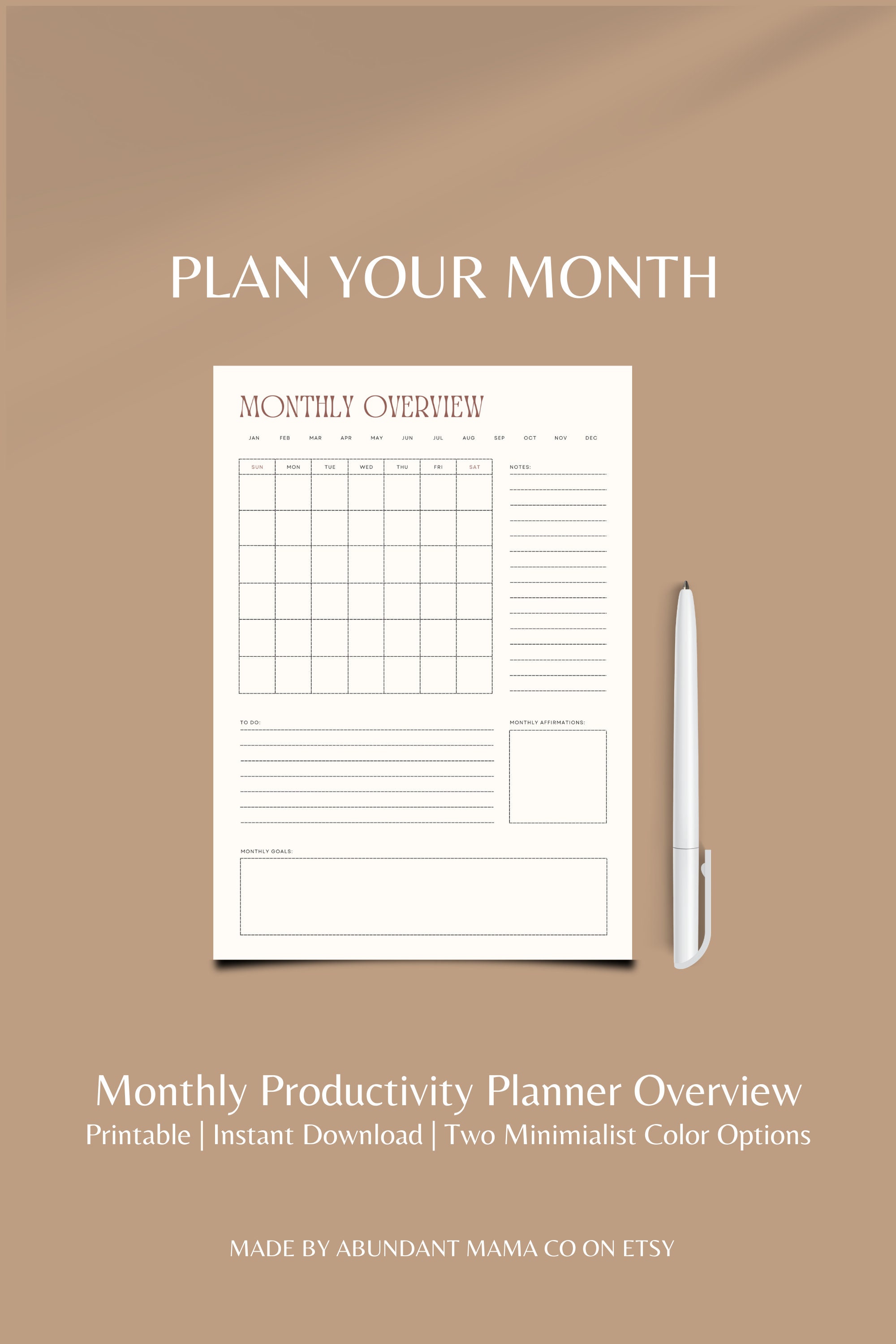 Monthly Productivity Planner Printable A4, Portrait, Minimalist Design ...