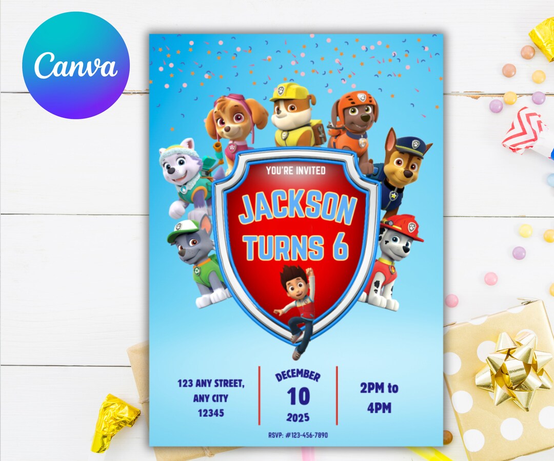 Editable Puppy Patrol Pup Crew Invite Birthday Invitation Dog Paw Party ...