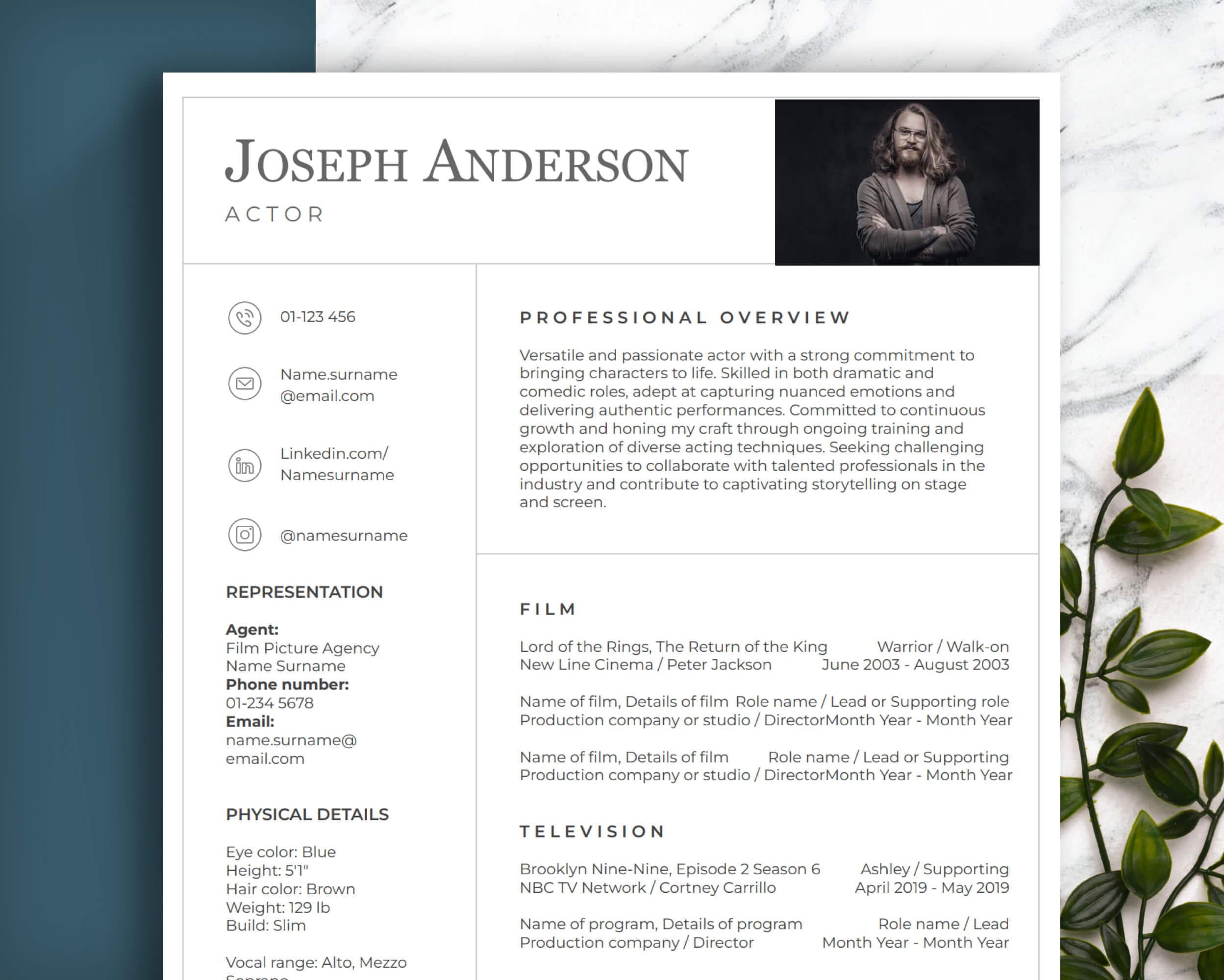 ACTOR FILM & TV Modern Resume. Example Text and Sections Especially for ...