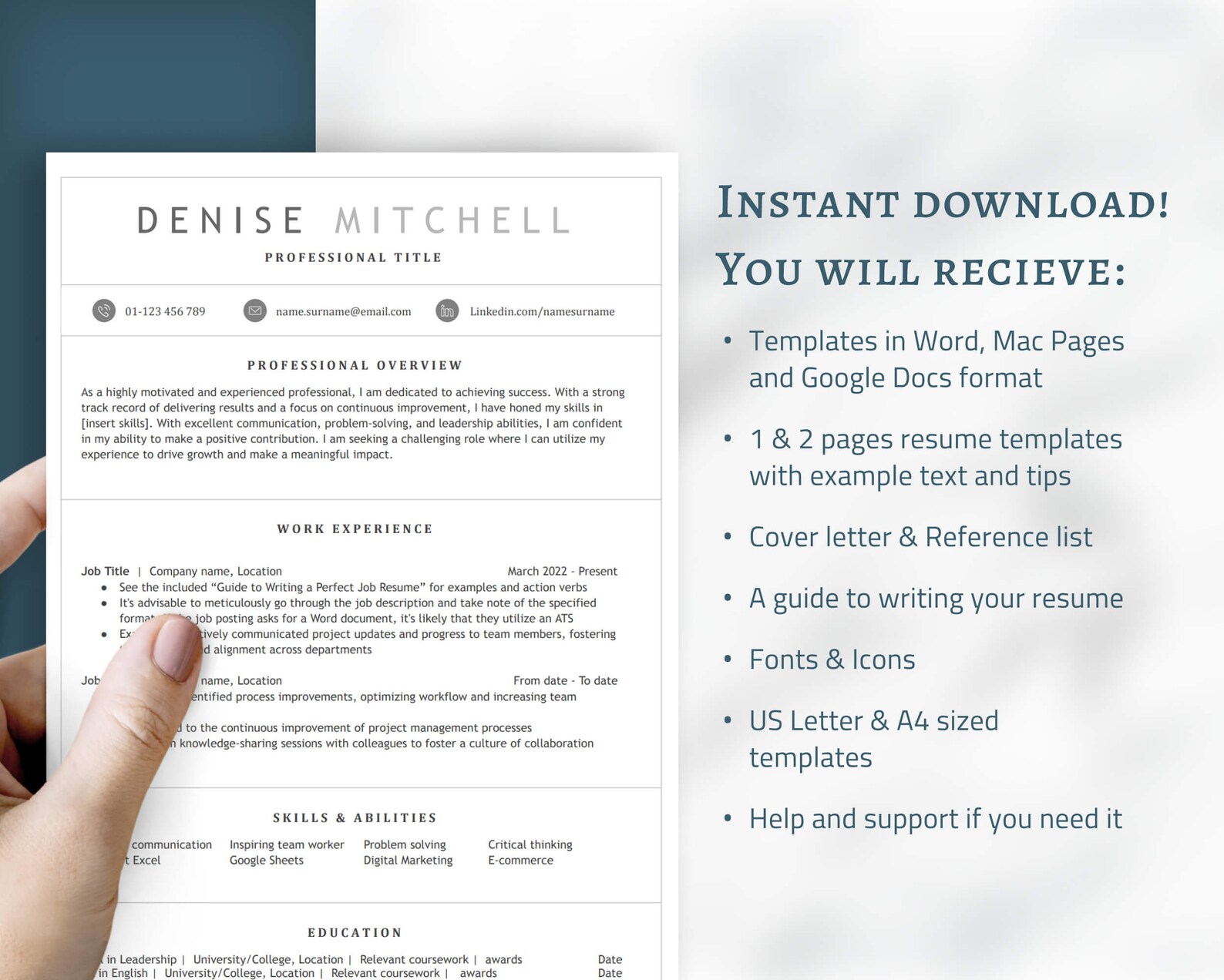 MODERN 1-column Resume Template. 1 Page & 2 Pages CV. Matching Cover ...