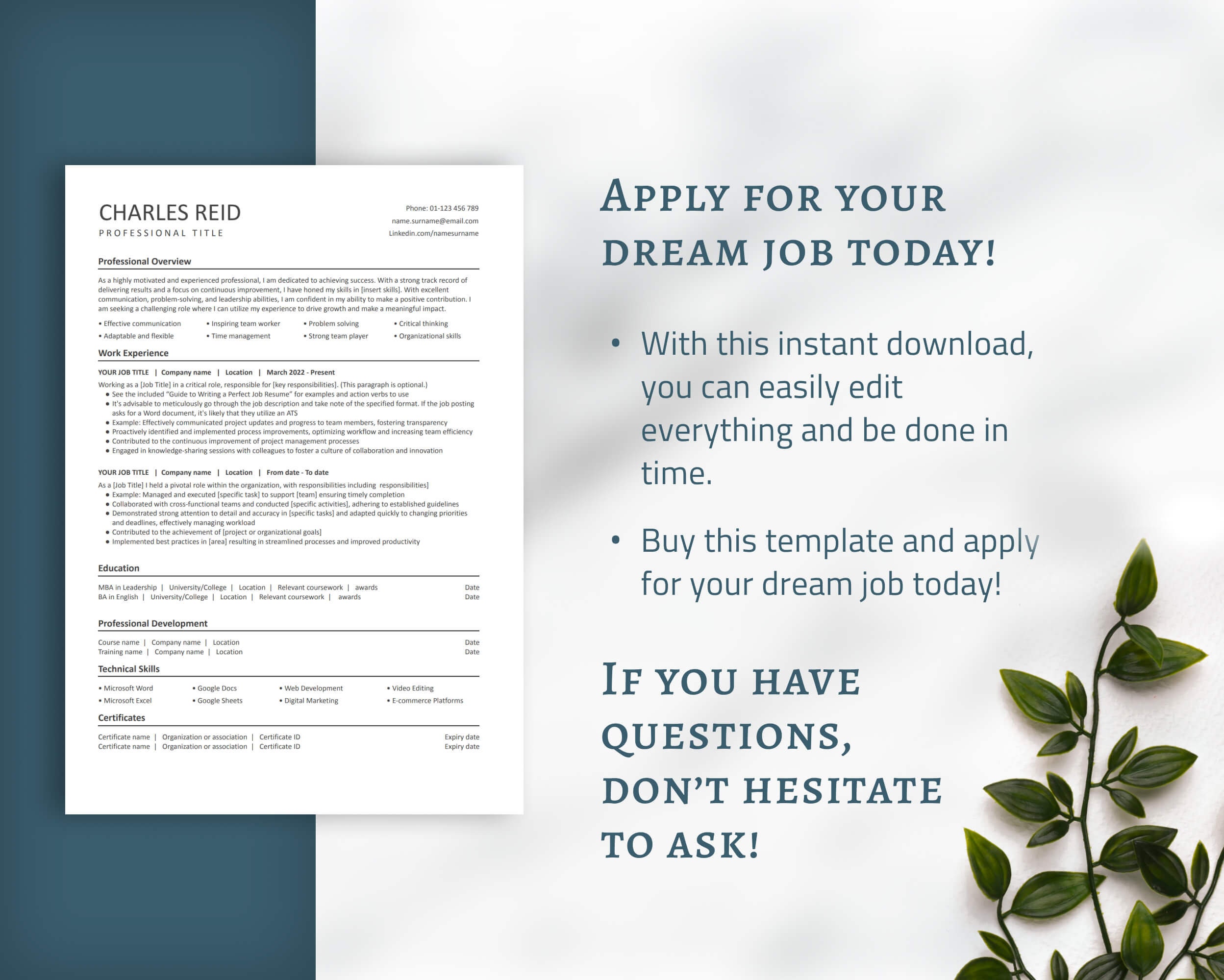 MODERN COMPACT Ats-friendly Resume Template, Hassle Free and Easy ...