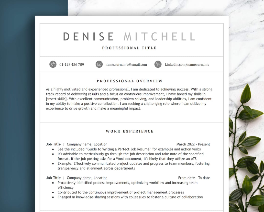 MODERN 1-column Resume Template. 1 Page & 2 Pages CV. Matching Cover ...