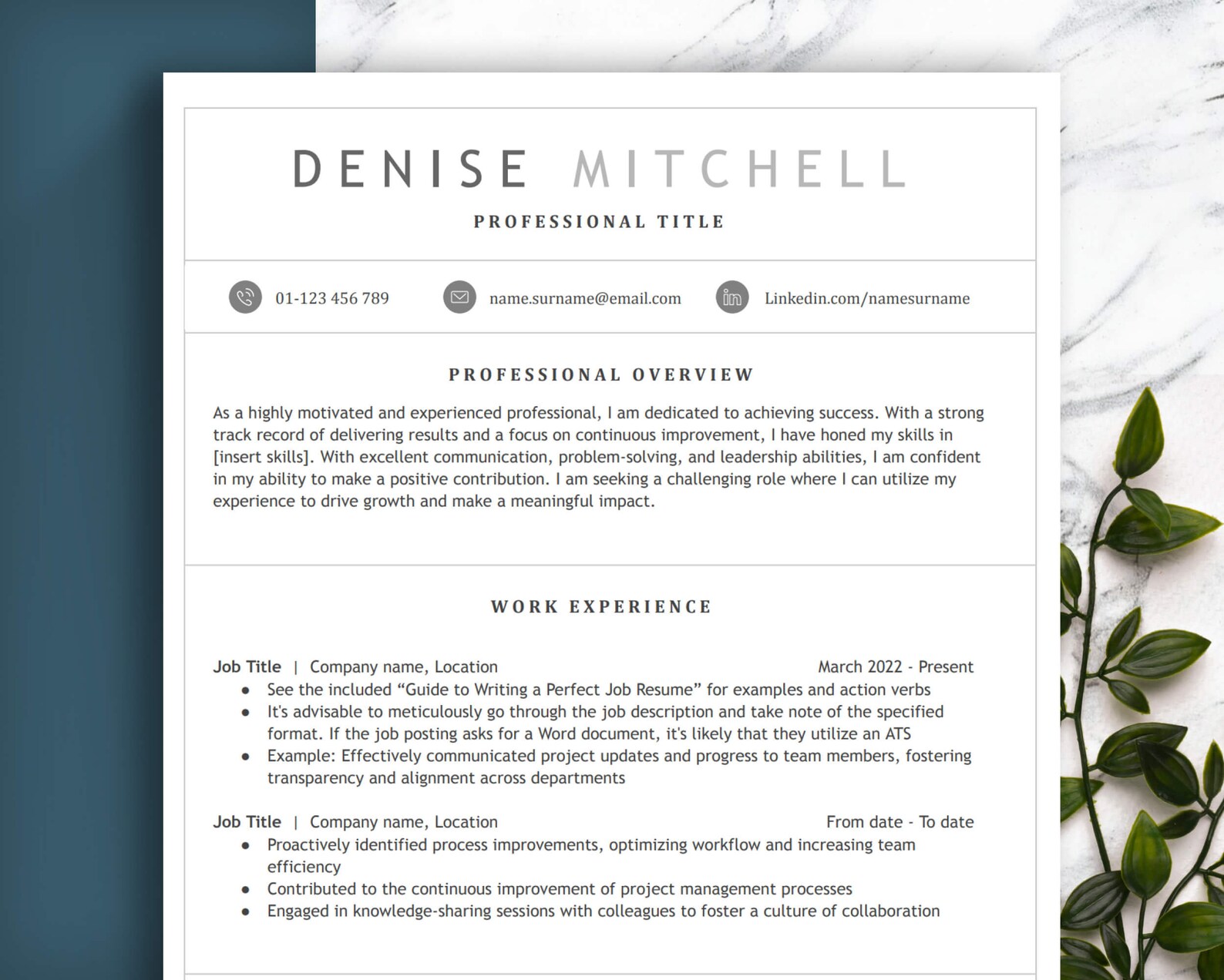 MODERN 1-column Resume Template. 1 Page & 2 Pages CV. Matching Cover ...