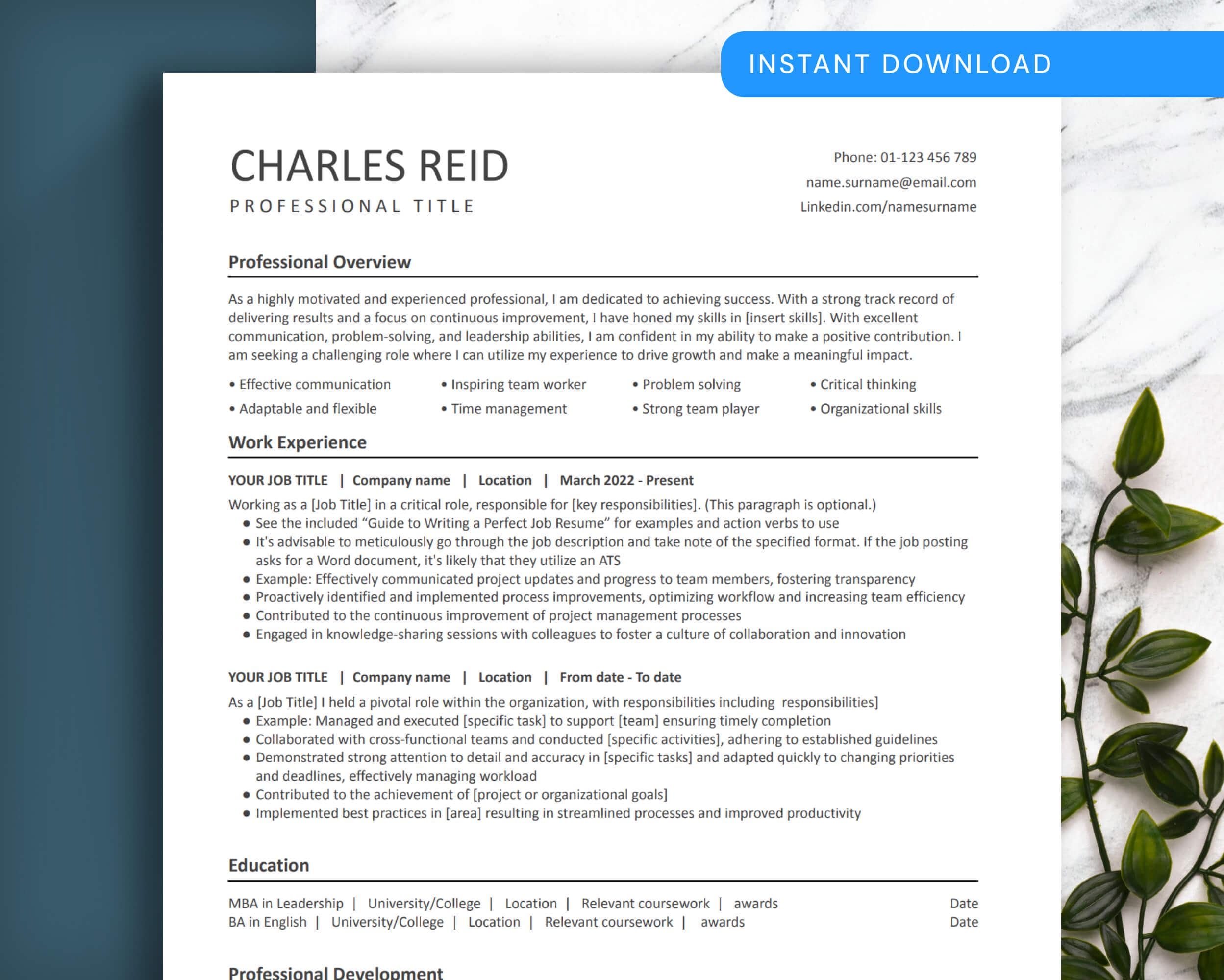 MODERN COMPACT Ats-friendly Resume Template, Hassle Free and Easy ...
