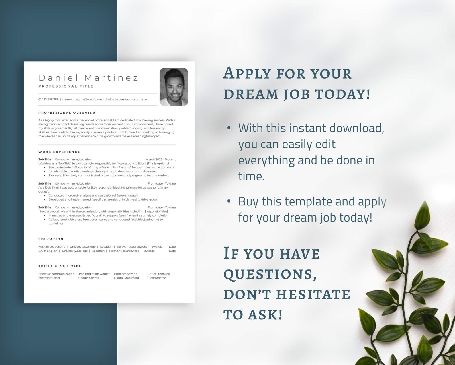 CLASSIC PROFESSIONAL 1-column Resume Template, Modern Resume Template ...