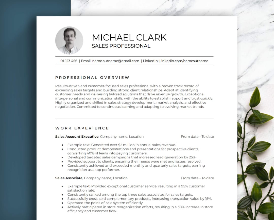 SALES Professional Resume Template With Example Text for Sales. Easy to ...