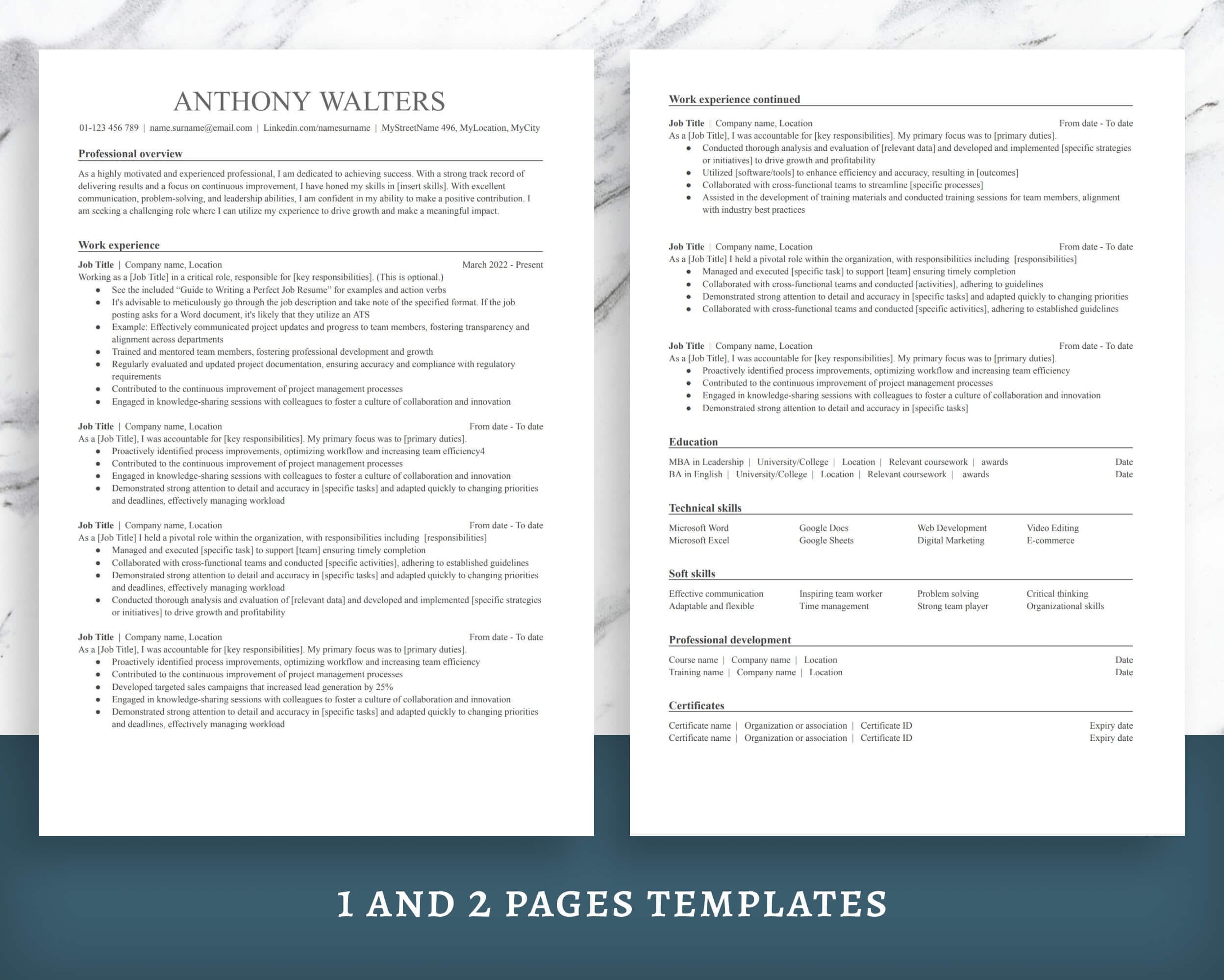 AMERICAN and CANADIAN Standard Resume Template. Ats-friendly Minimalist ...