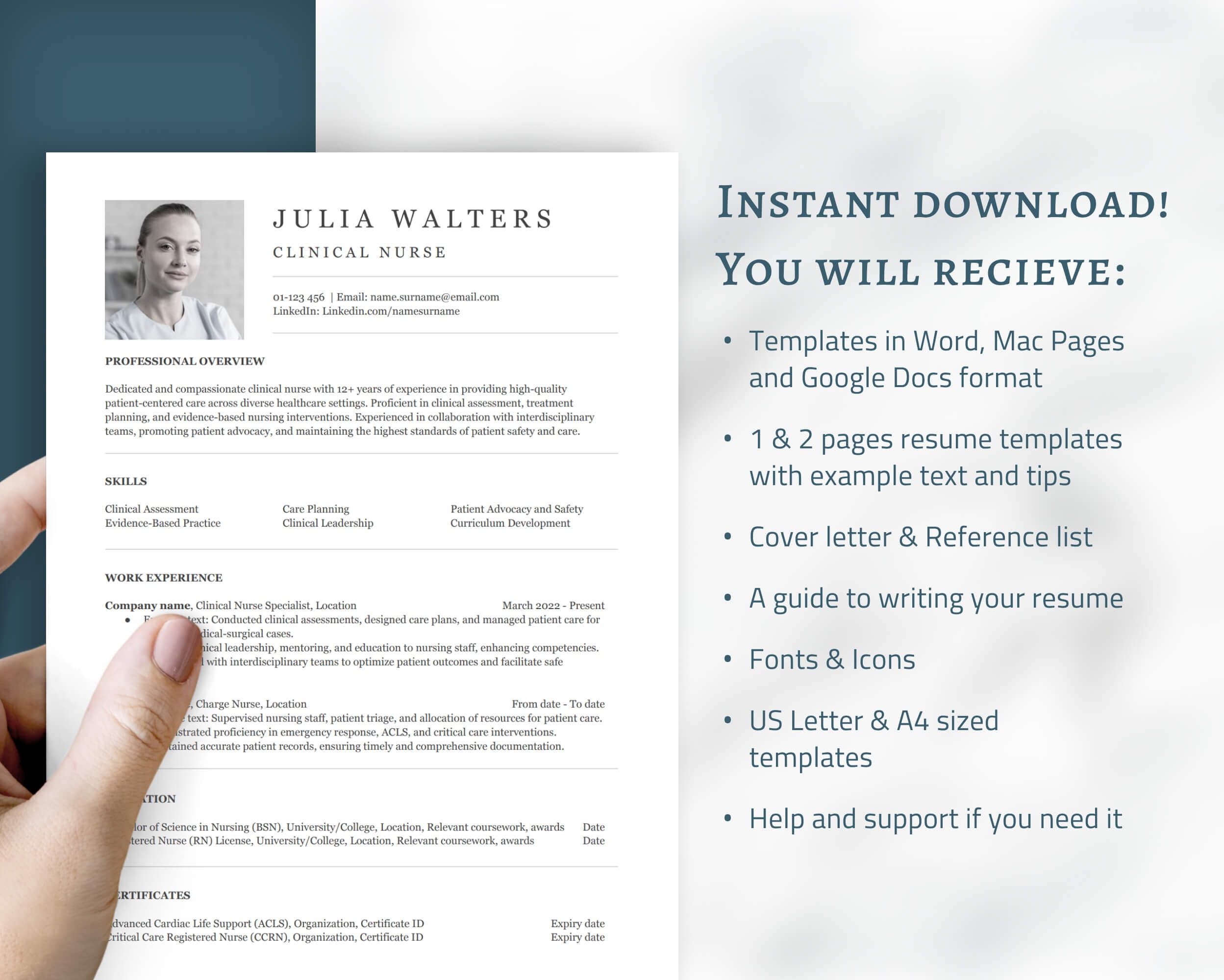 NURSING Resume Template in Google Docs, Word & Mac Pages, Registered ...