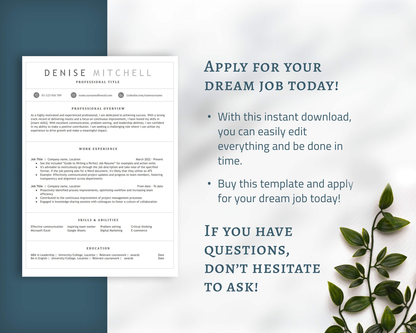 MODERN 1-column Resume Template. 1 Page & 2 Pages CV. Matching Cover ...