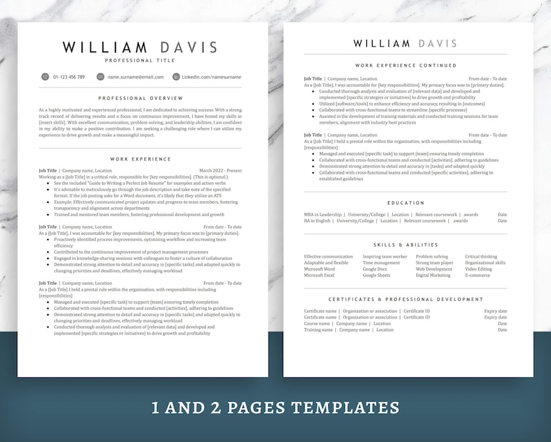 PROFESSIONAL ATS Resume Template. 1 Page & 2 Pages CV. Matching Cover ...