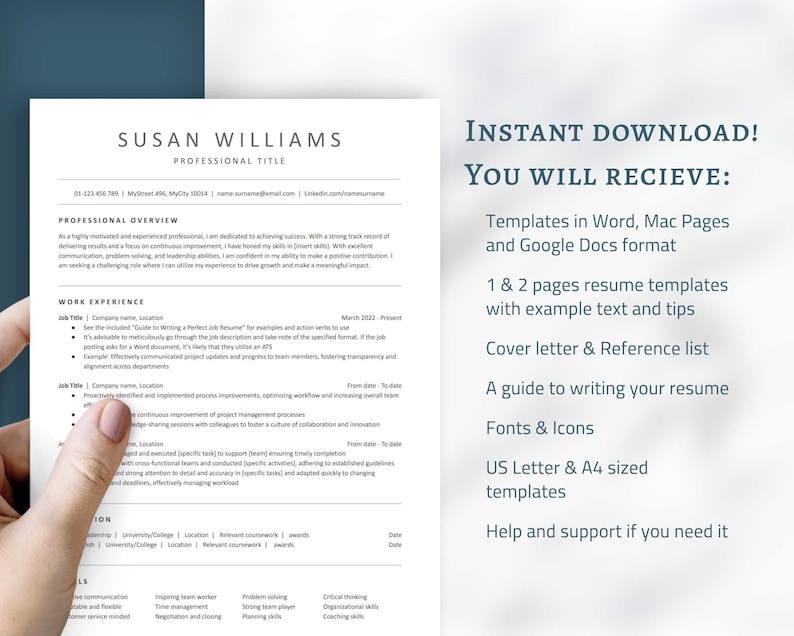 Ats-friendly Resume Template, Classic Simple CV (digital Download) - Etsy