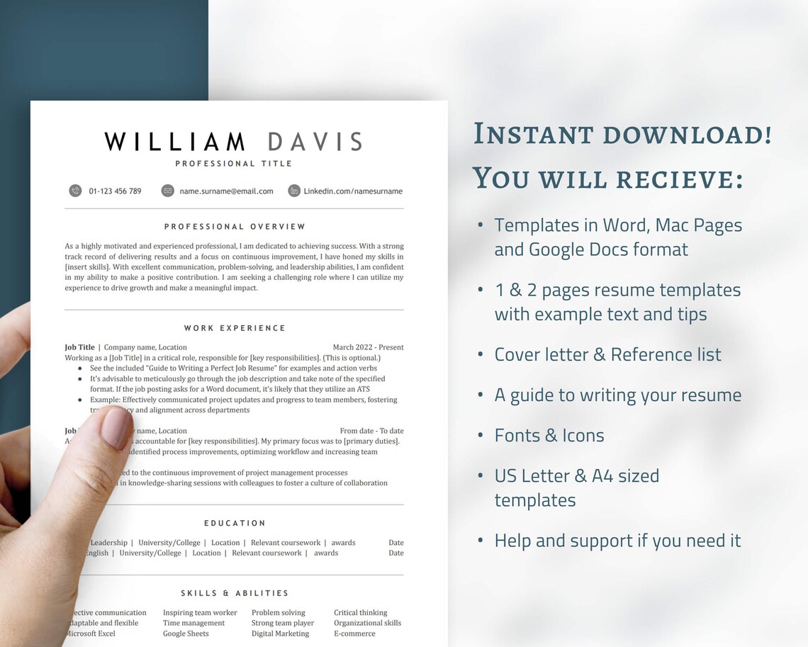 PROFESSIONAL ATS Resume Template. 1 Page & 2 Pages CV. Matching Cover ...