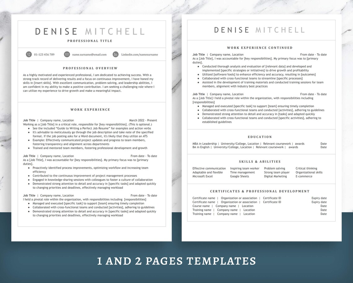 MODERN 1-column Resume Template. 1 Page & 2 Pages CV. Matching Cover ...