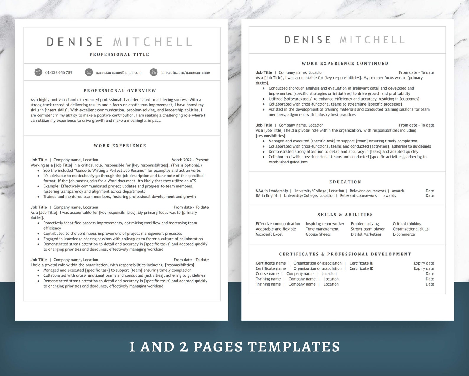 MODERN 1-column Resume Template. 1 Page & 2 Pages CV. Matching Cover ...