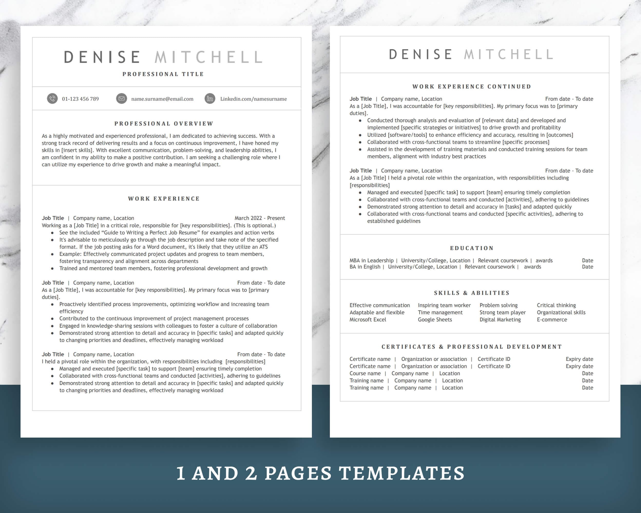 MODERN 1-column Resume Template. 1 Page & 2 Pages CV. Matching Cover ...