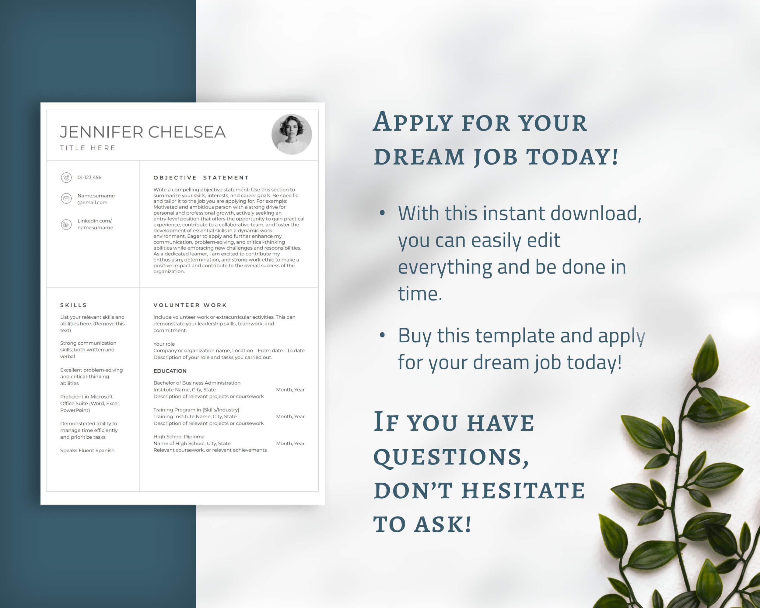 FIRST JOB Modern Student Resume Template With Photo, Skills Based for ...