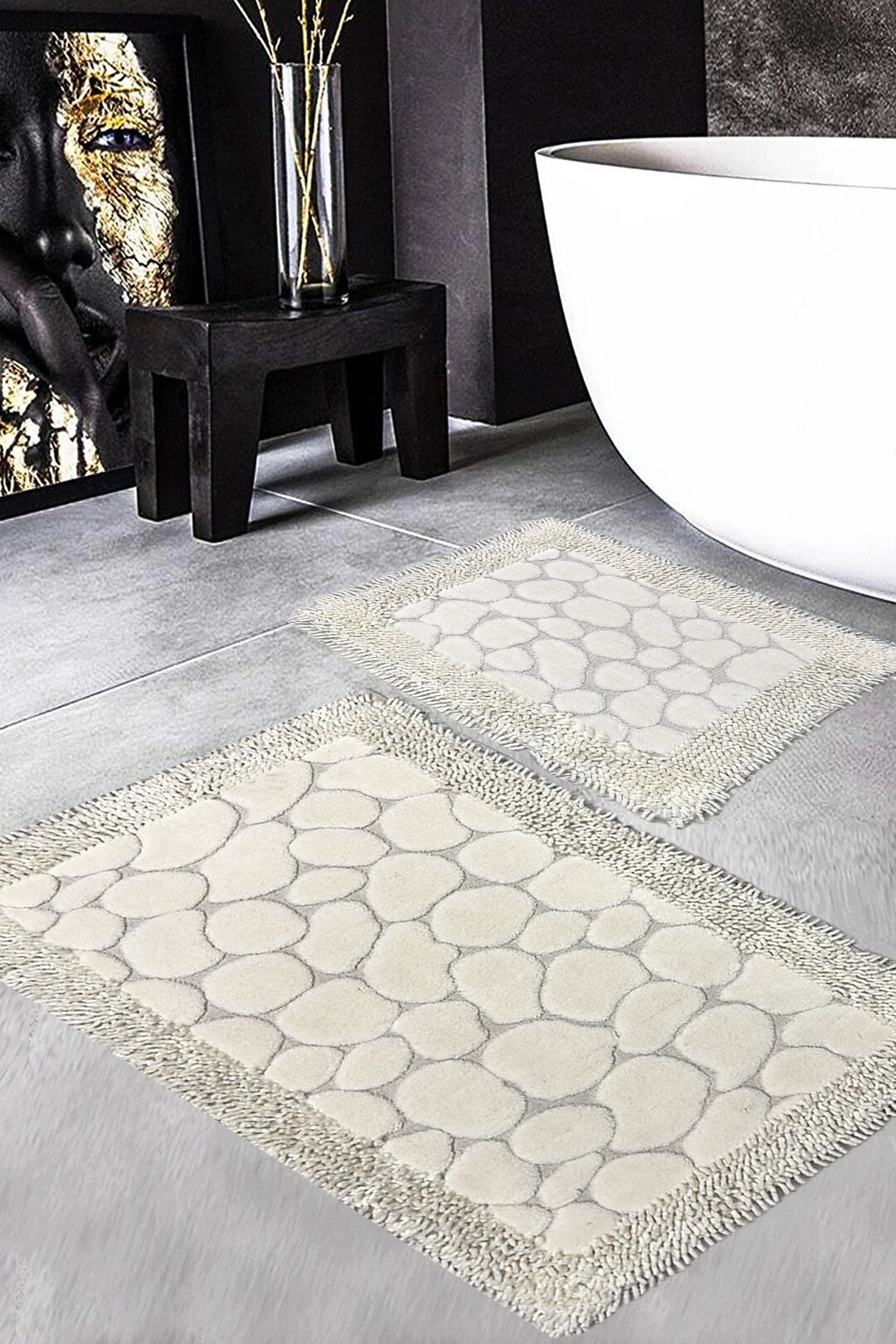 BUCKLE %100 Cotton Bath Mat Set 2 Piece 50x60 60x100 Handmade Rug, Non ...