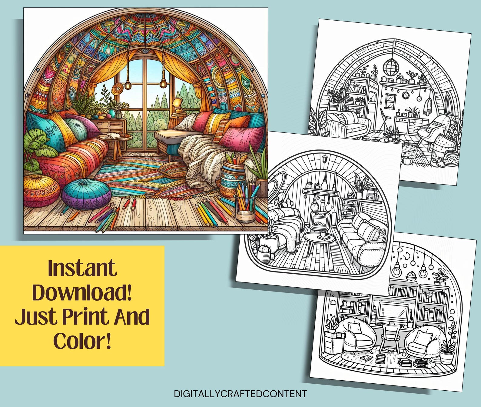 55 Cozy Interior Pods Coloring Book Pages | Cozy Interior Spaces Adult ...