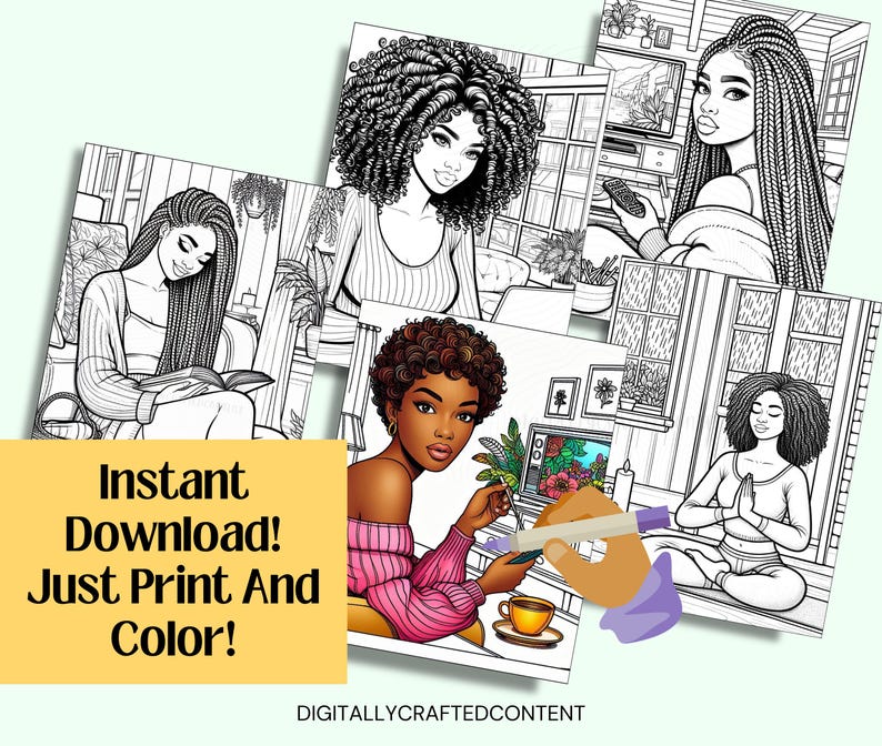 40 Black Women Relaxing Coloring Pages | A Day at Home Coloring Book ...
