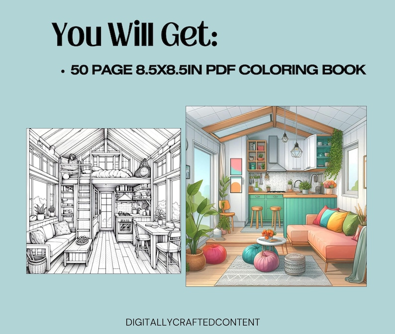 50 Tiny Home Interiors Coloring Book Pages | Relaxing Adult and Teen ...