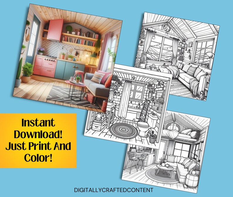 50 Tiny Home Interiors Vol 2 Coloring Book Pages | Relaxing Adult and ...