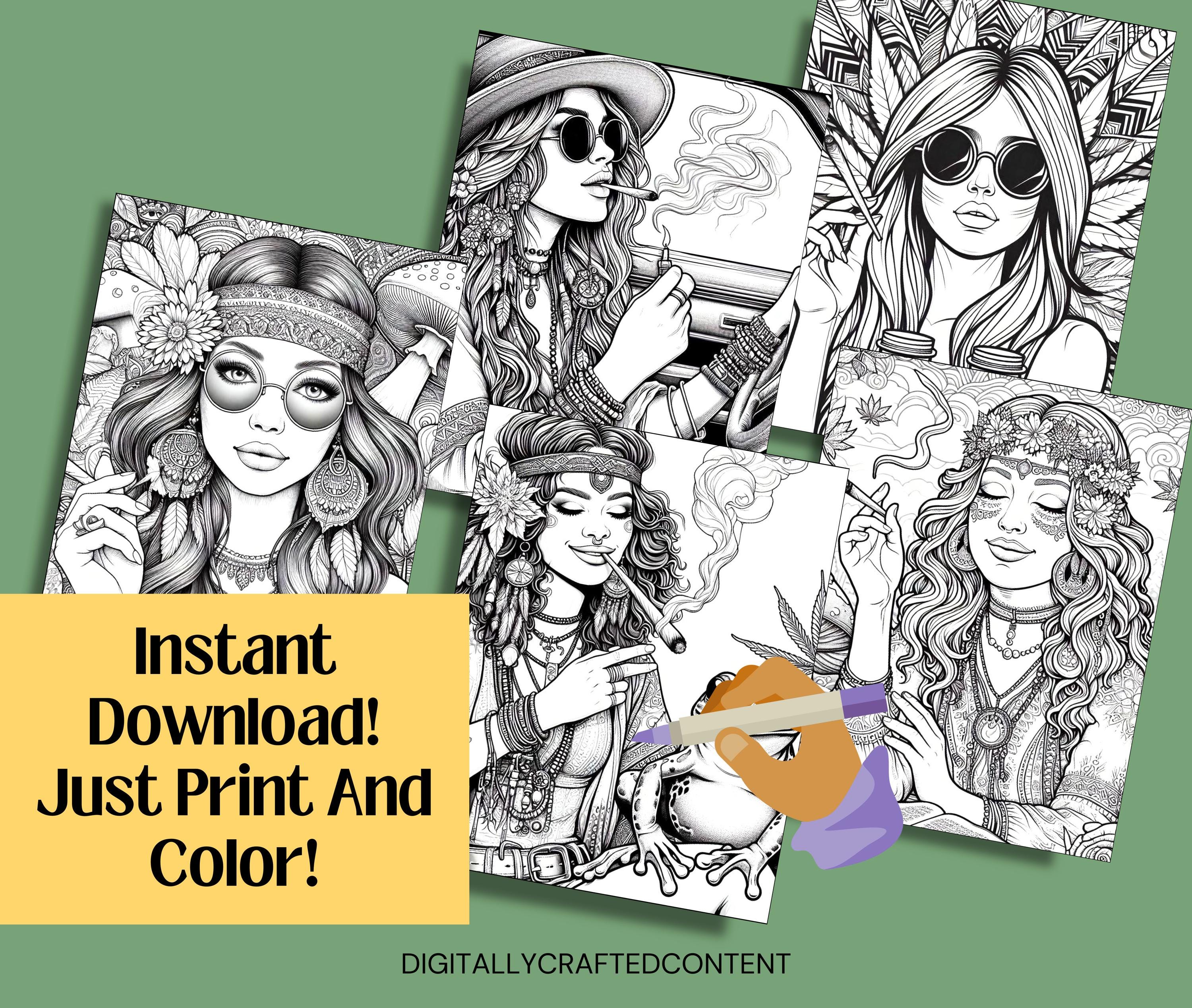 21 Hippie Stoner Girl Adult Coloring Book. Printable, Digital Coloring Pages for Hippies and ...