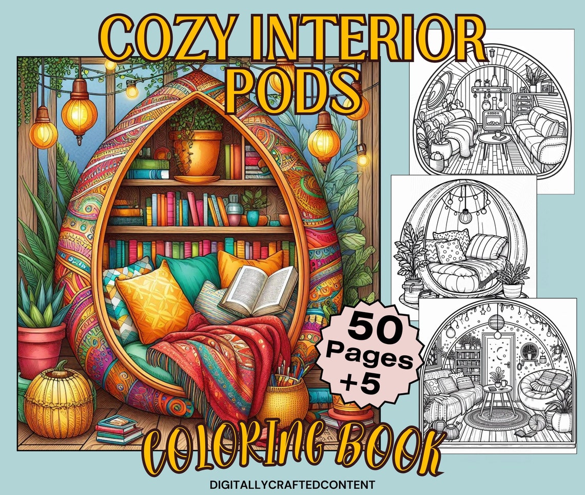 55 Cozy Interior Pods Coloring Book Pages | Cozy Interior Spaces Adult ...