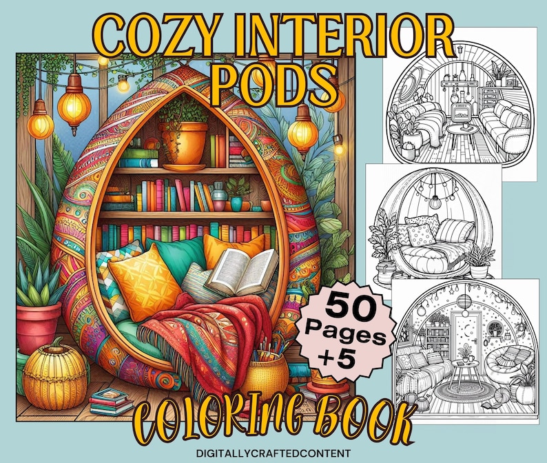55 Cozy Interior Pods Coloring Book Pages | Cozy Interior Spaces Adult ...