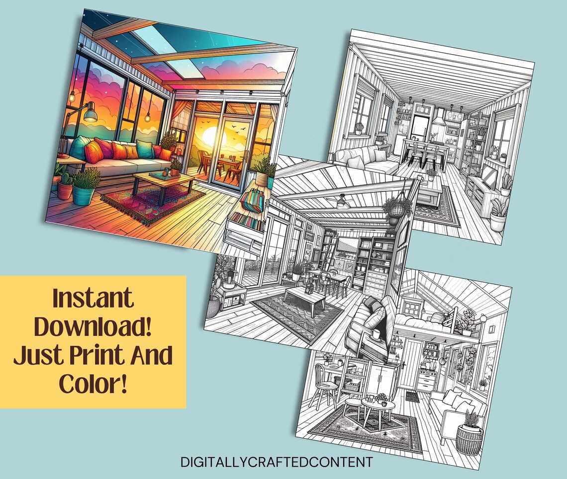 50 Tiny Home Interiors Coloring Book Pages | Relaxing Adult and Teen ...