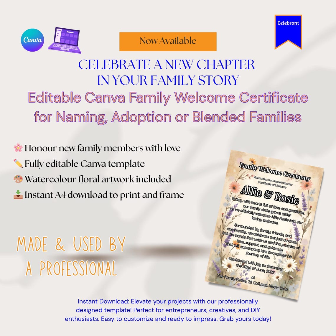 Family Welcome Ceremony Certificate: Editable Floral A4 Canva Template ...