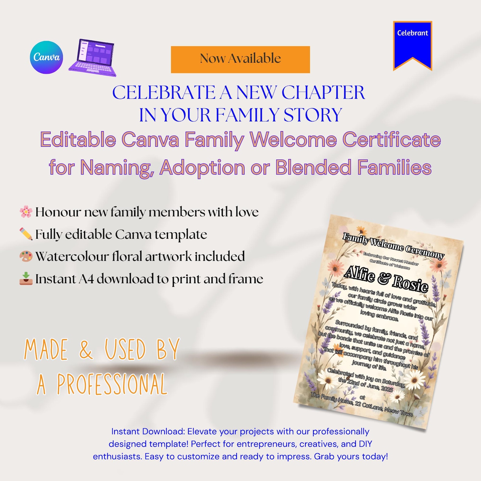 Family Welcome Ceremony Certificate: Editable Floral A4 Canva Template ...