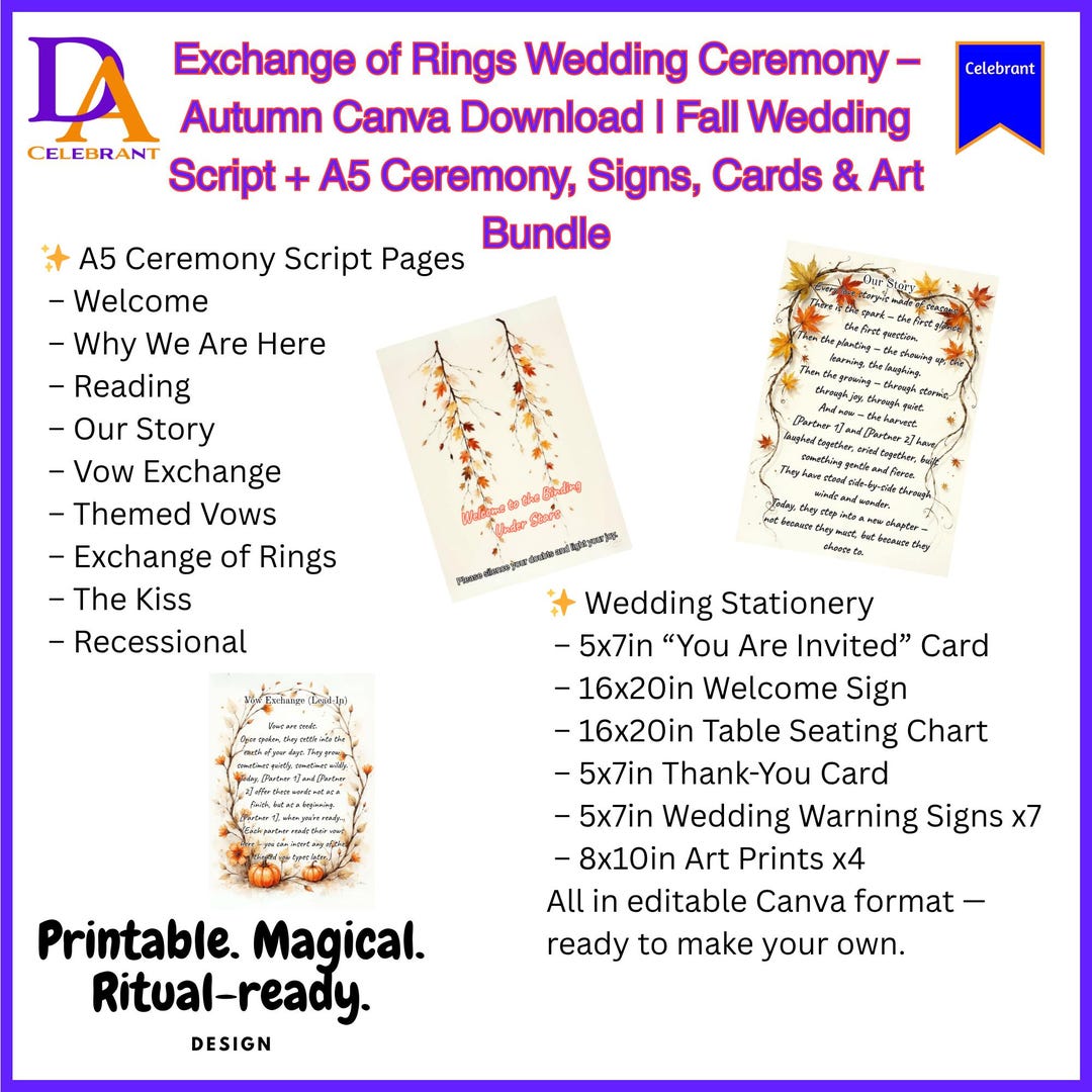 Autumn Wedding Ceremony Script: Rings Exchange, Canva Template (digital ...
