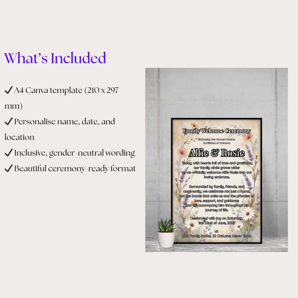 Family Welcome Ceremony Certificate: Editable Floral A4 Canva Template ...