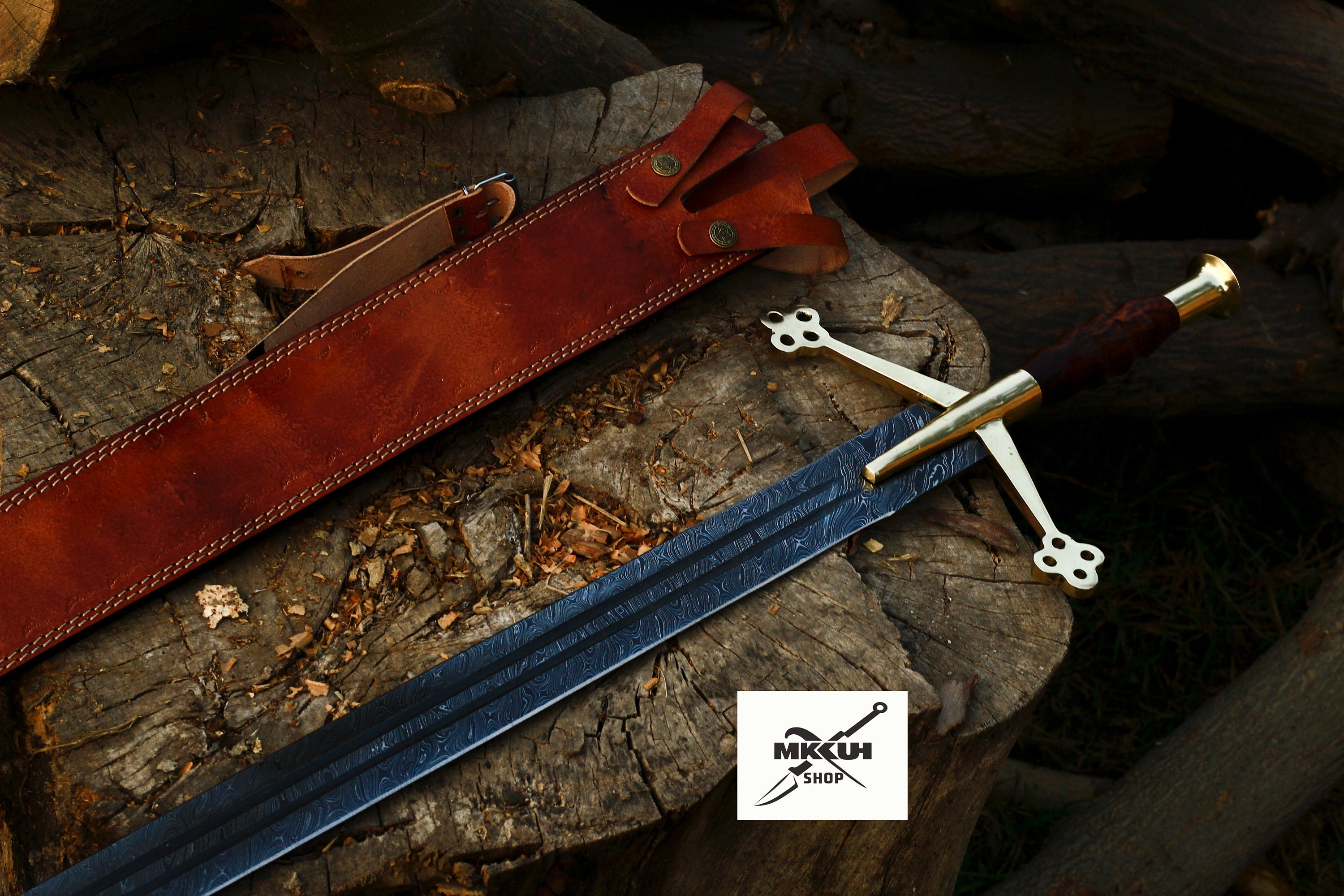 Custom Handmade Damascus Steel Scottish Claymore Sword With Leather ...